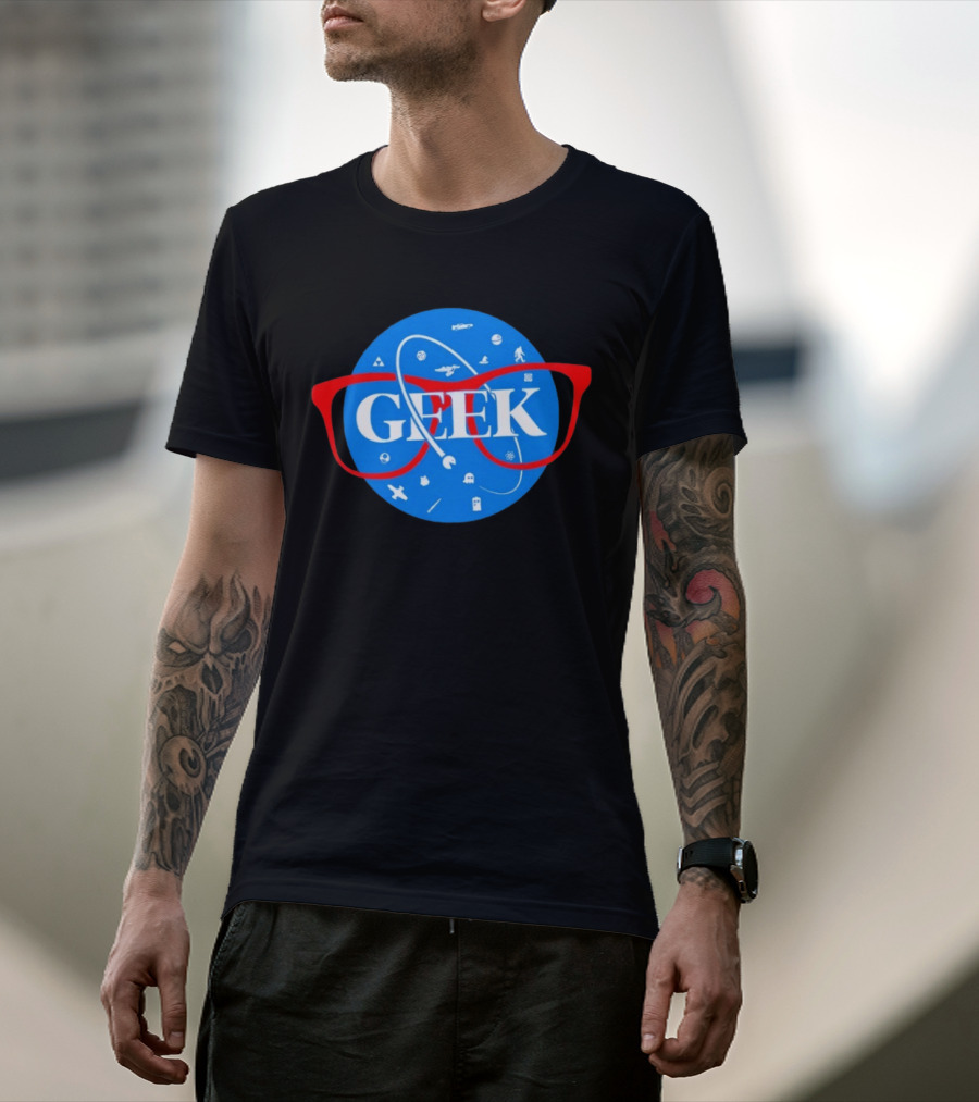 Geek Glasses Space Icons Distressed Patch T-Shirt