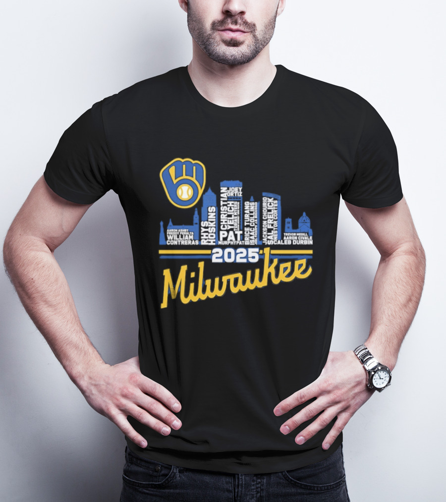 Milwaukee Brewers 2025 City Skyline Baseball Players Names T-Shirt