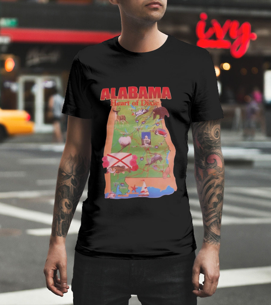 Alabama Heart Of Dixie Map Landmarks And Wildlife T-Shirt