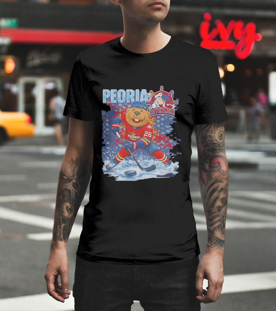 Rocky Peoria Rivermen Hockey Beaver Mascot Skating T-Shirt