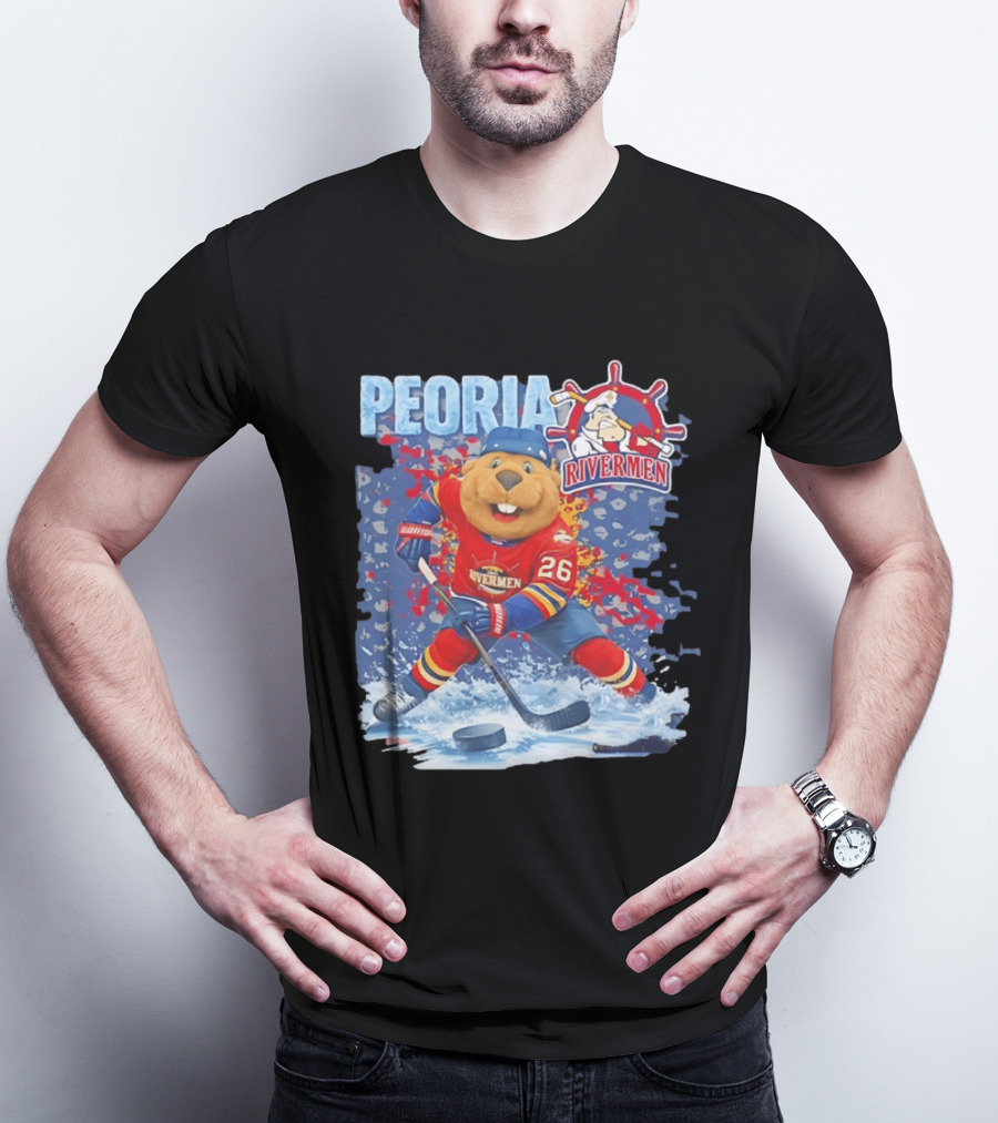 Rocky Peoria Rivermen Hockey Beaver Mascot Skating T-Shirt