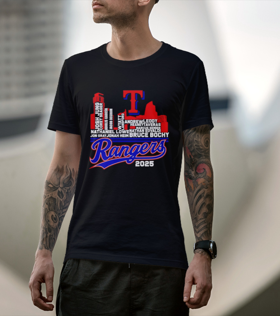Texas Rangers 2025 City Skyline Players Names Bruce Bochy T-Shirt