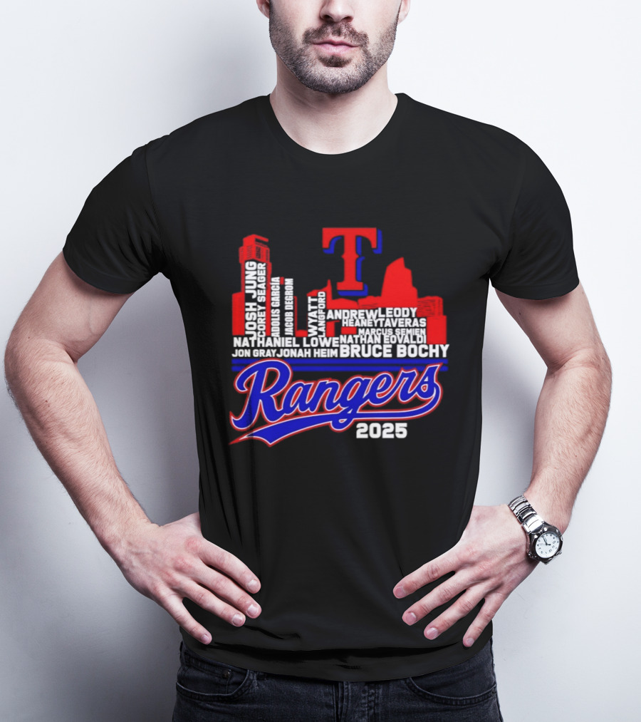 Texas Rangers 2025 City Skyline Players Names Bruce Bochy T-Shirt