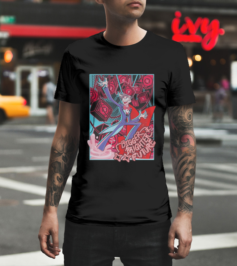Bigger Brighter Future Character With Energetic Imagery And Vintage TV Motif T-Shirt