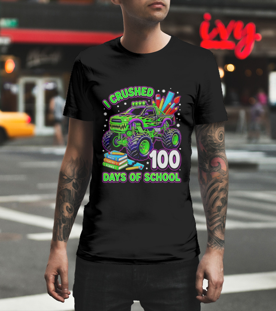I Crushed 100 Days Of School Monster Truck Math Reading Science Book T-Shirt