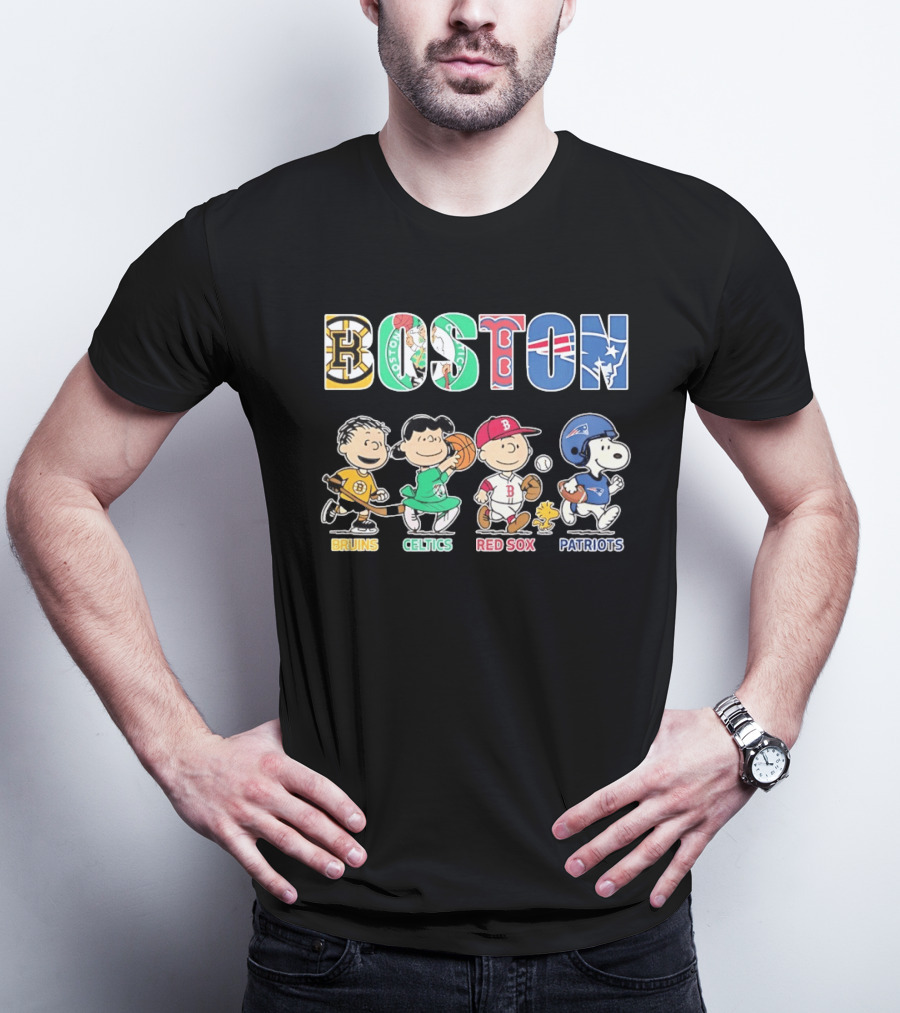 Peanuts Characters In Boston Bruins Celtics Red Sox Patriots Team T-Shirt