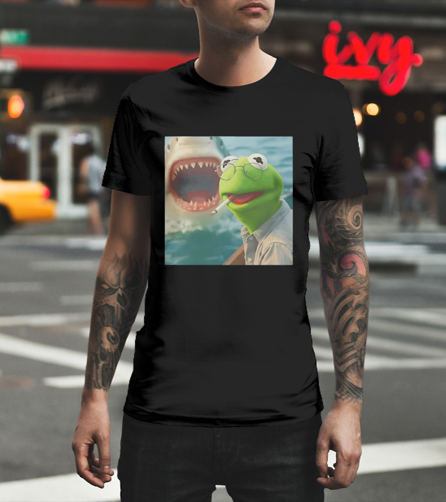 Kermit Smoking With Jaws Shark Movie T-Shirt