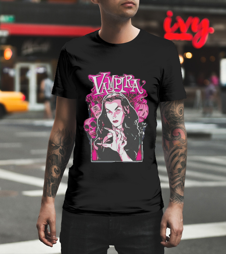 Vampira Gothic Skull And Acid Horror Iconic Midnight Ramble T-Shirt