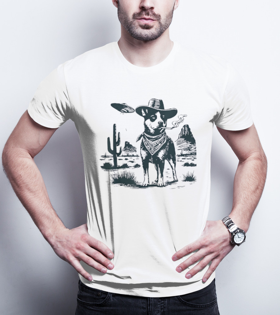 Australian Cattle Dog Smoking With UFO And Western Cowboy Desert Scene T-Shirt