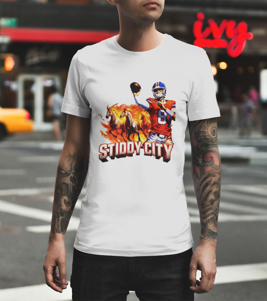 Denver Broncos Stiddy City Quarterback And Horses In Flames T-Shirt