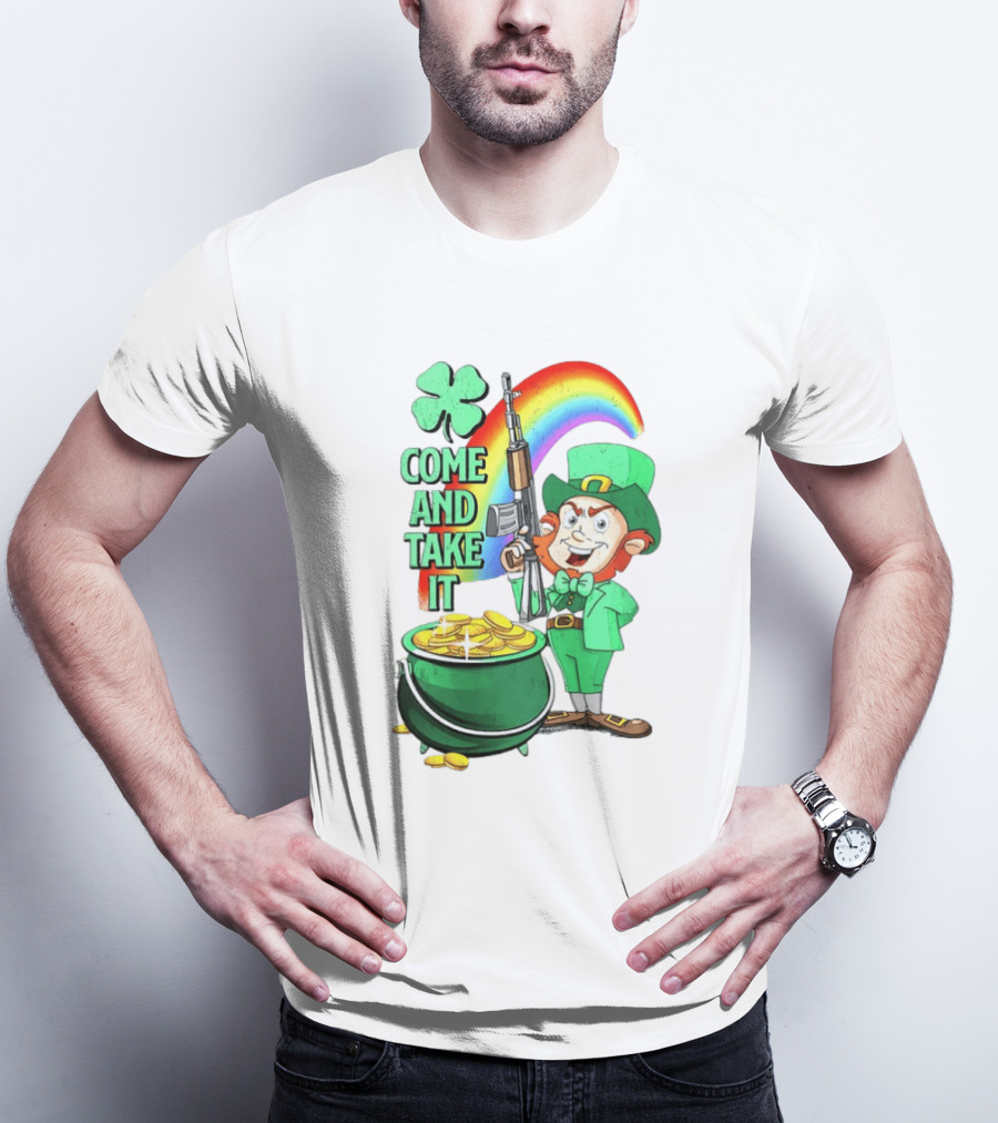St Patrick Leprechaun Rifle Rainbow Pot Of Gold Come And Take It T-Shirt