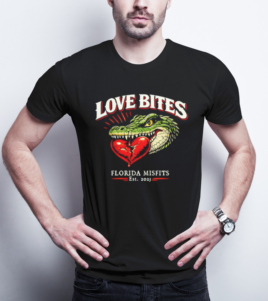 Love Bites Crocodile Broken Heart Florida Misfits Est 2025 T-Shirt