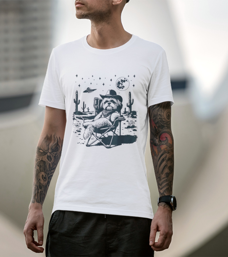 Shih Tzu Cowboys UFO Western Desert Scene Cactus Moon Stars T-Shirt