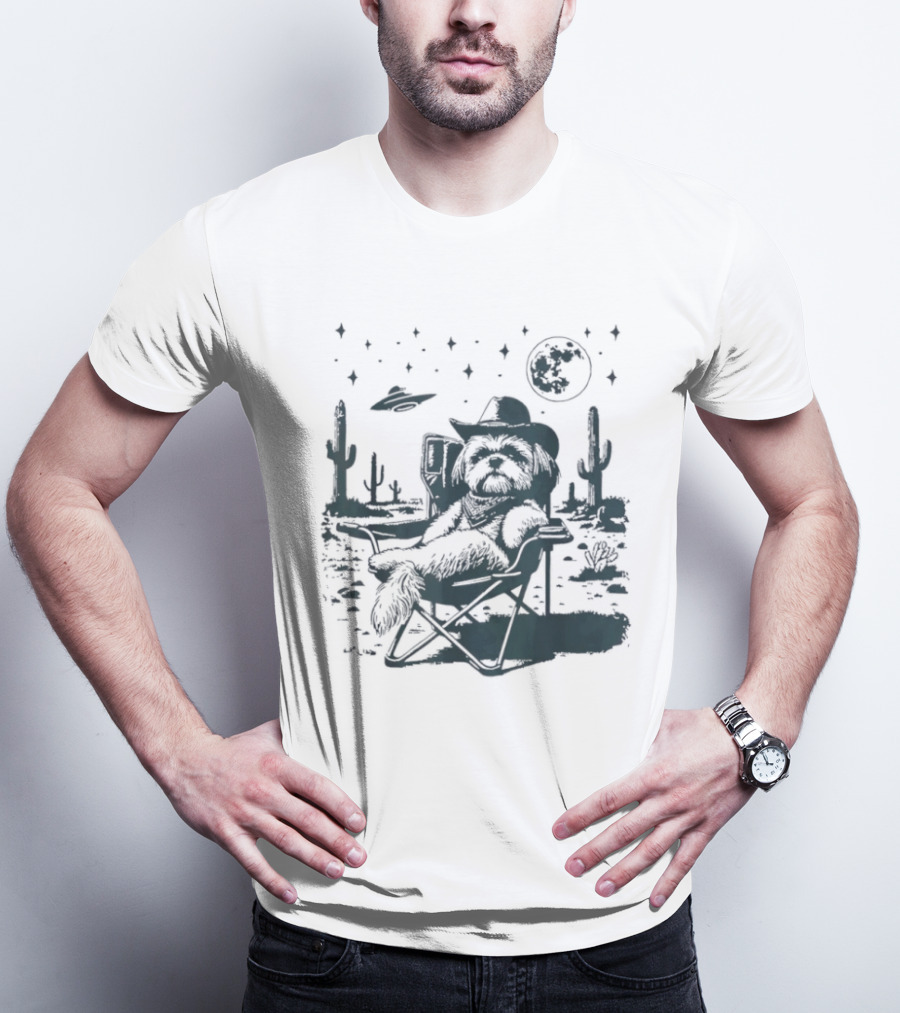Shih Tzu Cowboys UFO Western Desert Scene Cactus Moon Stars T-Shirt