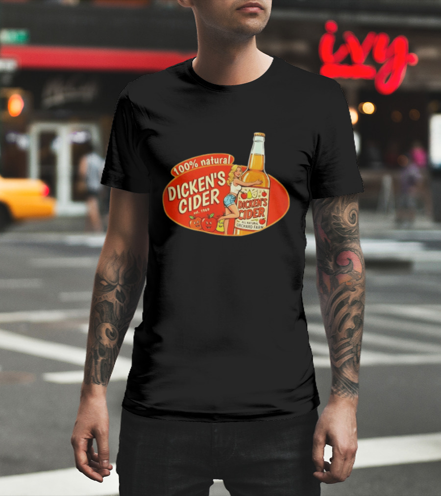 100 Natural Dicken's Cider Est 1969 Girl Hugging All Natural Orchard Farm Bottle T-Shirt