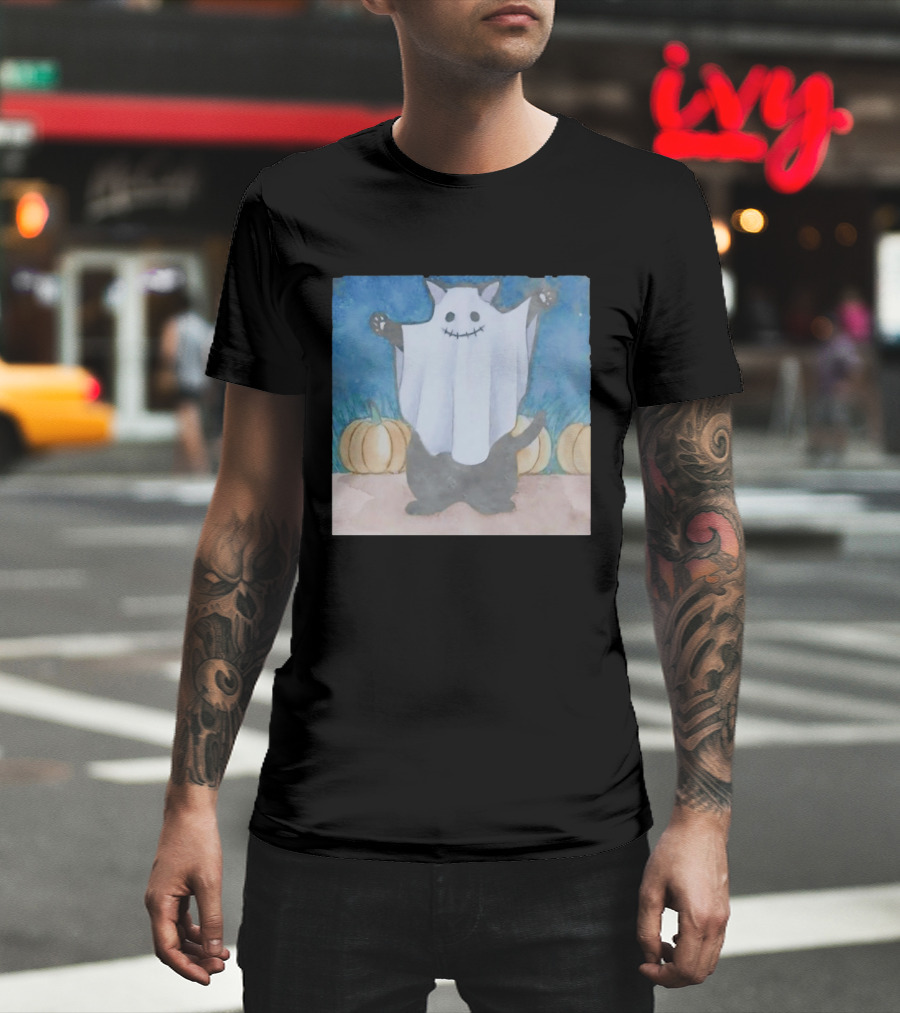 Spooky Black Cat In Ghost Costume With Pumpkins Halloween T-Shirt