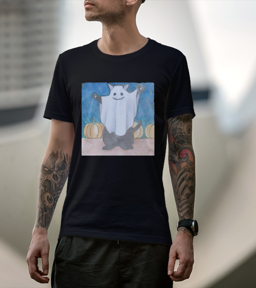 Spooky Black Cat In Ghost Costume With Pumpkins Halloween T-Shirt
