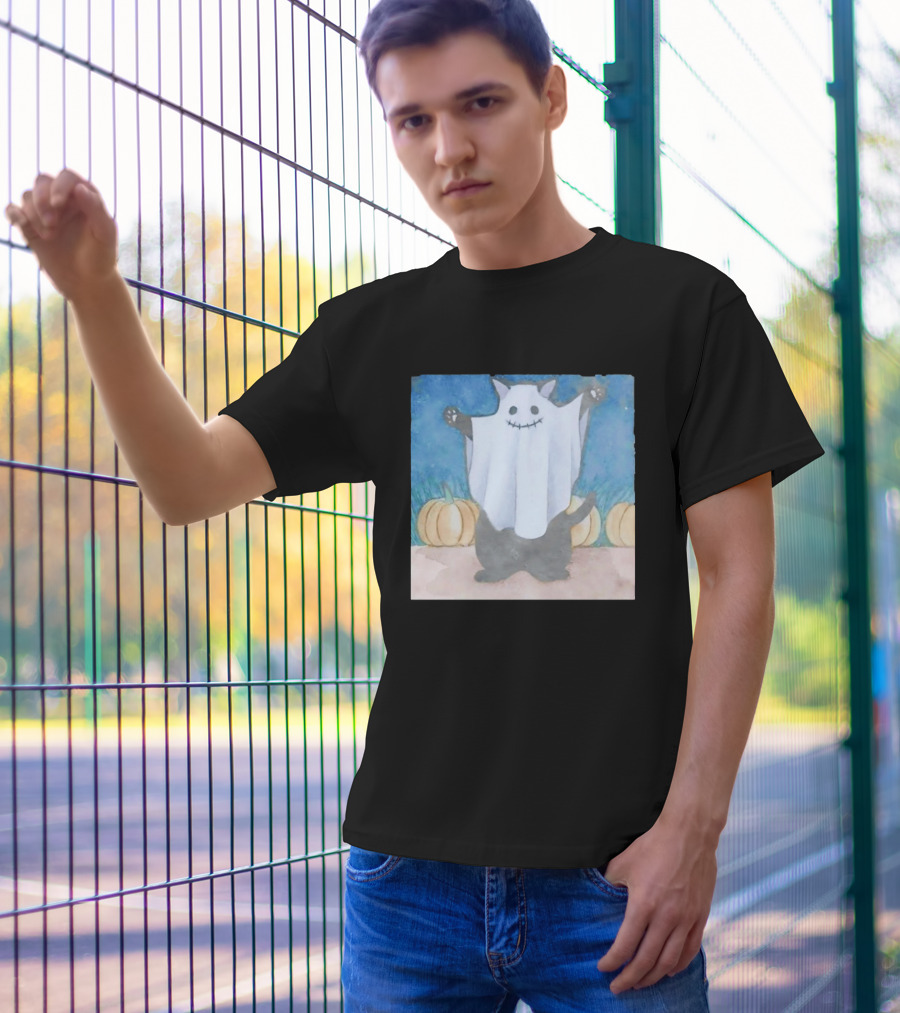 Spooky Black Cat In Ghost Costume With Pumpkins Halloween T-Shirt