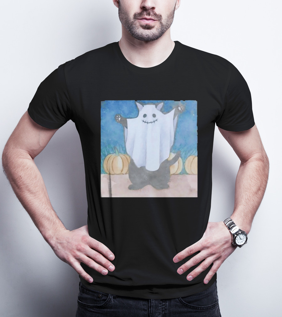 Spooky Black Cat In Ghost Costume With Pumpkins Halloween T-Shirt