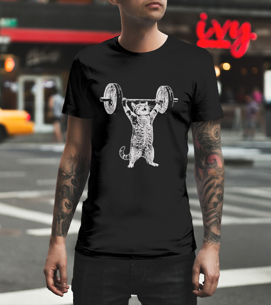 Cat Shoulder Overhead Press Weightlifting Feline Lifting Barbell T-Shirt