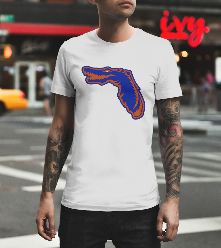 Florida Gators State Shape Blue Orange Gator Map T-Shirt