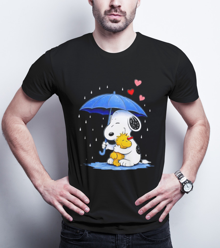 Snoopy Woodstock Umbrella Hearts Rain Hugging T-Shirt