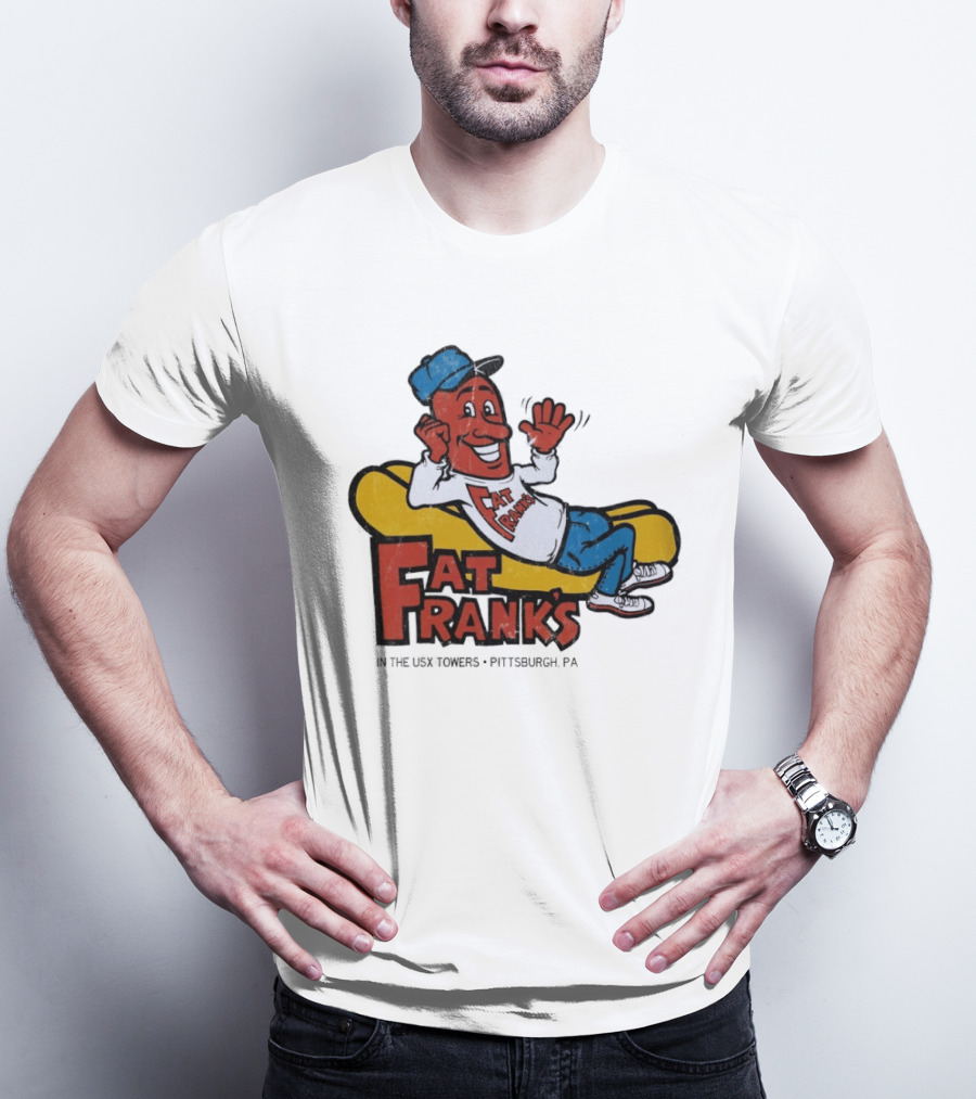 Fat Frank's In The USX Towers Pittsburgh PA Hot Dogs Retro Cartoon T-Shirt