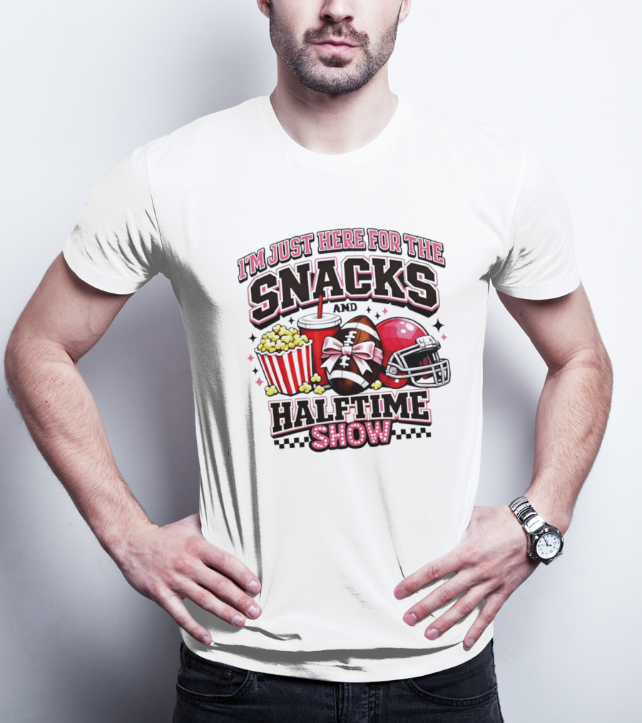I'm Just Here For The Snacks And Halftime Show Football Popcorn Pink Coquette T-Shirt