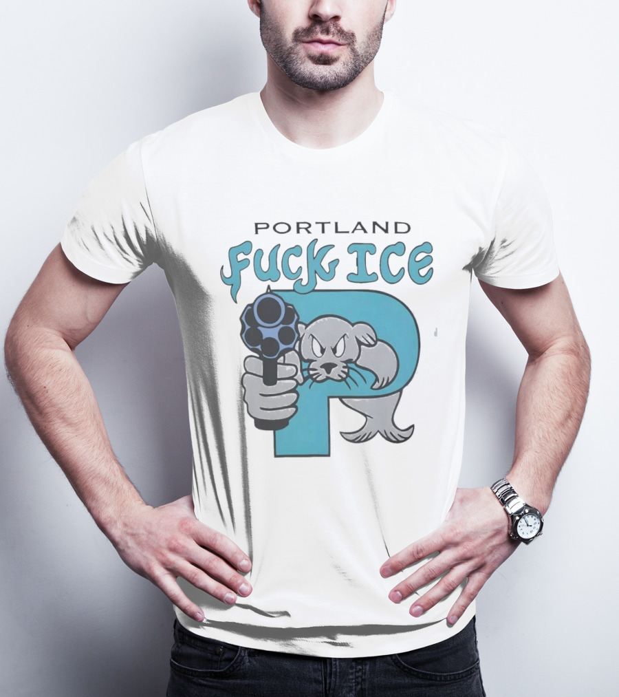 Portland Fuck ICE Seal Holding Revolver Protest T-Shirt