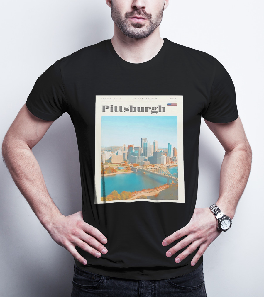 Pittsburgh Issue No 1 USA Flag 40.4°N 80.0°W Skyline T-Shirt