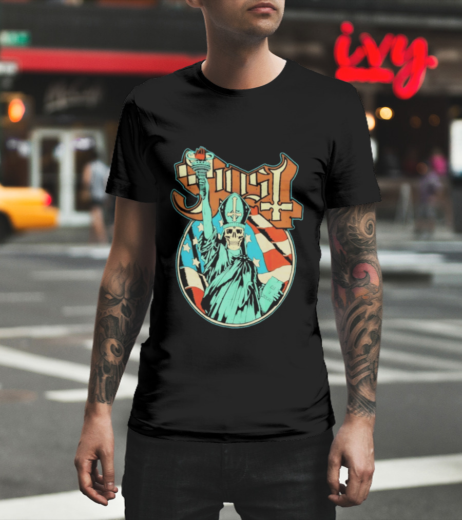 Ghost Statue Of Liberty Skeleton Torch Metal Band T-Shirt