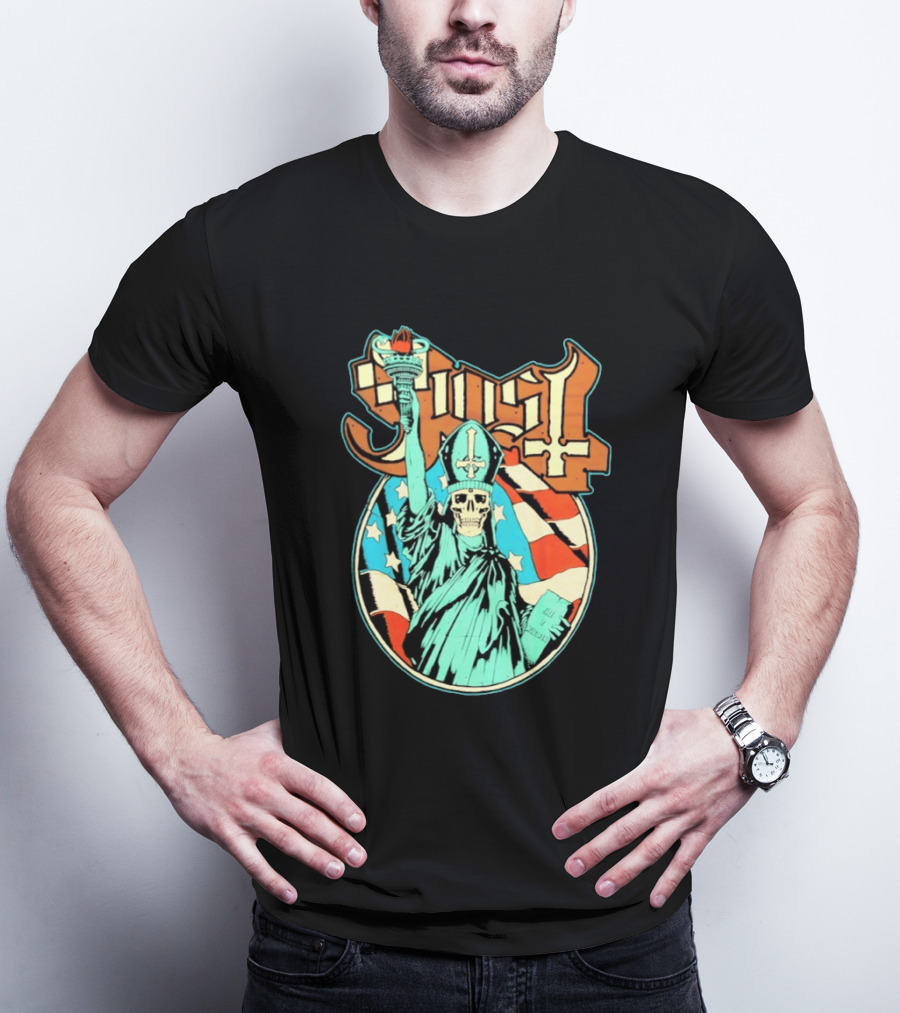 Ghost Statue Of Liberty Skeleton Torch Metal Band T-Shirt