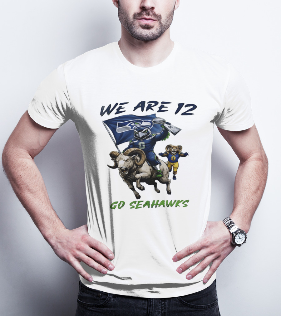 We Are 12 Go Seahawks Riding Goat With Seahawks Flag T-Shirt