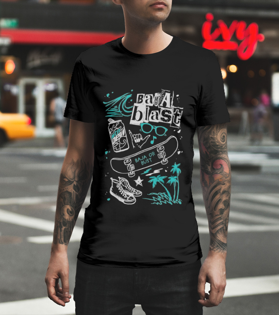 Mountain Dew Baja Blast Skateboard Surf Vibes Ocean Palms Adventure T-Shirt