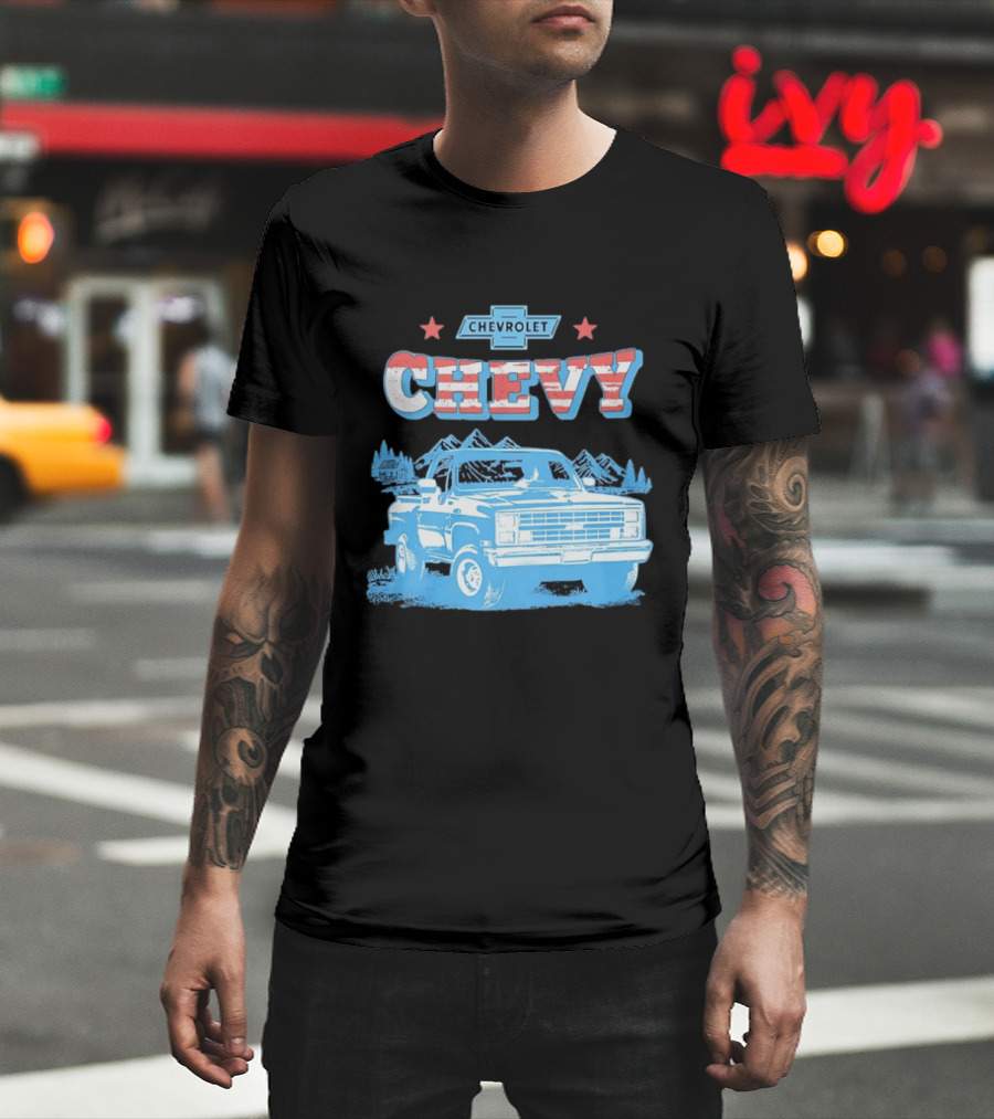 Chevy Chevrolet Truck Vintage Stars And Stripes Retro Mountain Scene T-Shirt