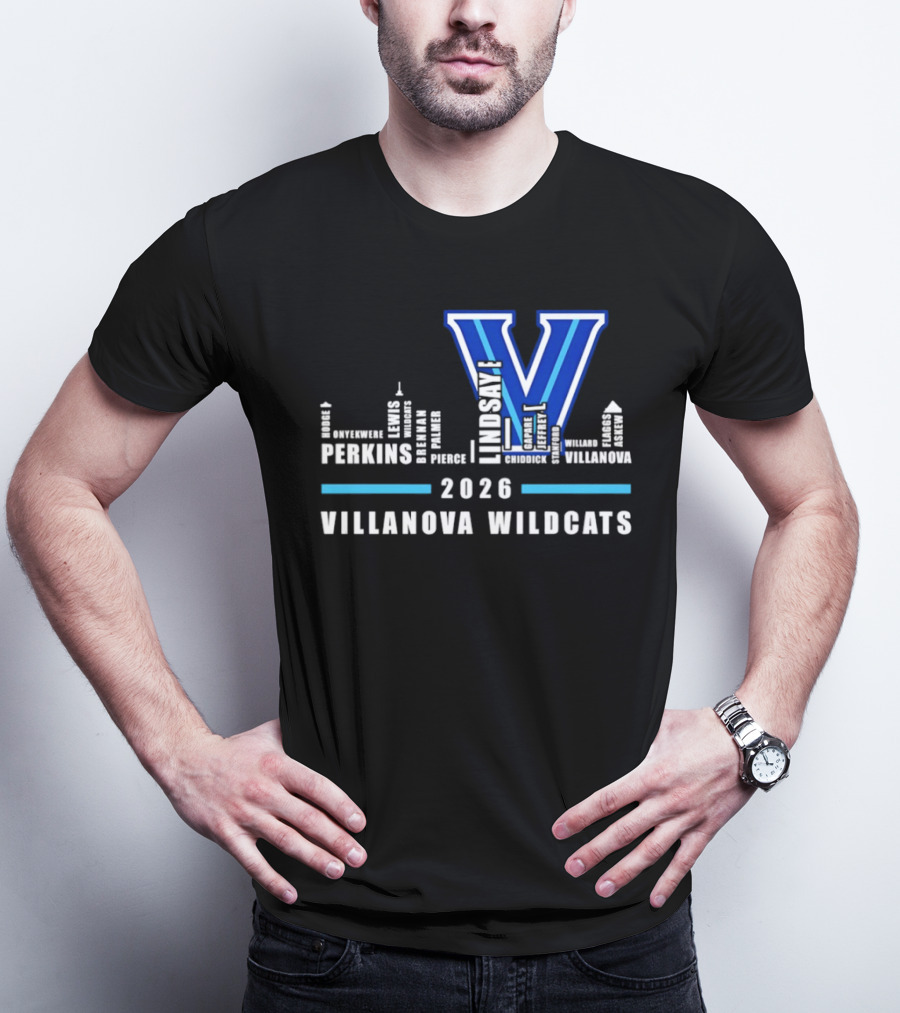 2026 Villanova Wildcats V With City Skyline And Player Names T-Shirt