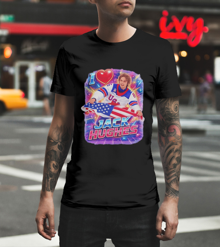 I Love Jack Hughes USA Hockey Flag Celebration T-Shirt