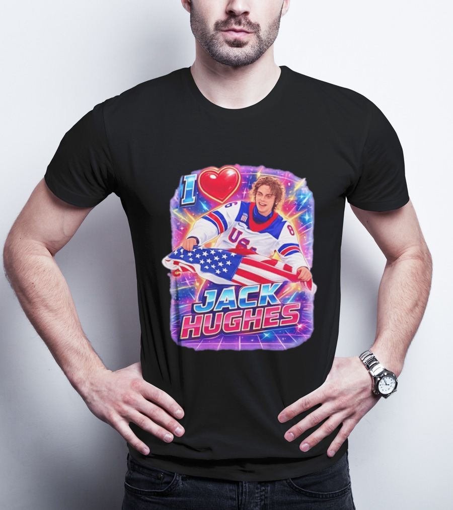 I Love Jack Hughes USA Hockey Flag Celebration T-Shirt