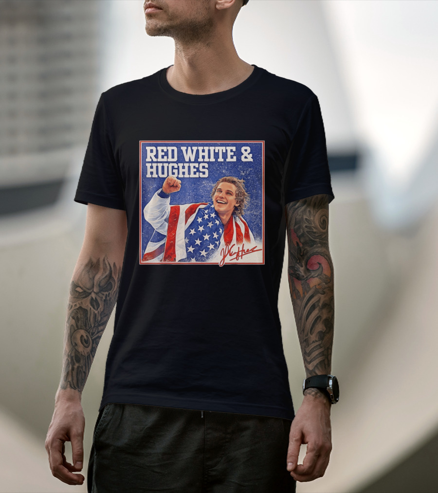 Red White & Hughes USA Jack Hughes Signature Fist Pump Celebration T-Shirt