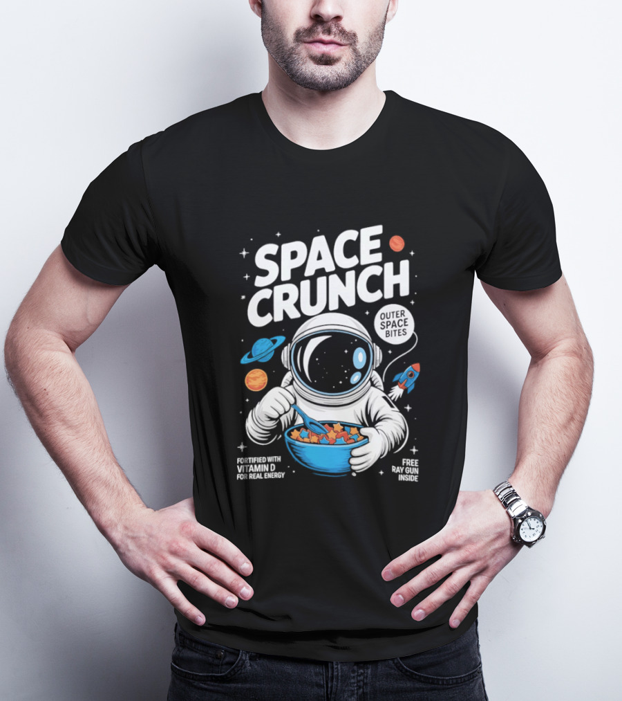 Space Crunch Outer Space Bites Astronaut Eating Cereal Planets Rockets T-Shirt