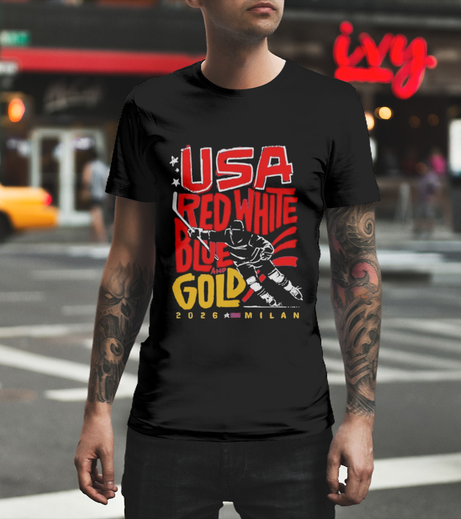 USA Hockey Red White Blue Gold 2026 Milan Sports Event T-Shirt