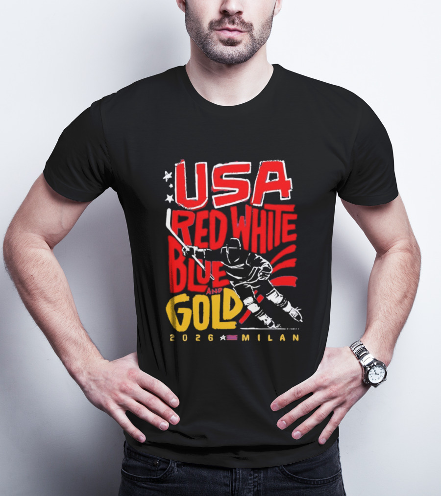 USA Hockey Red White Blue Gold 2026 Milan Sports Event T-Shirt