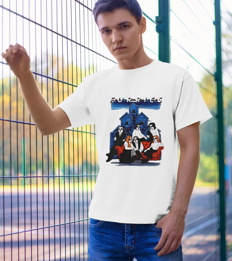 Furries Friends Group Sitting In Front Of Blue Houses T-Shirt