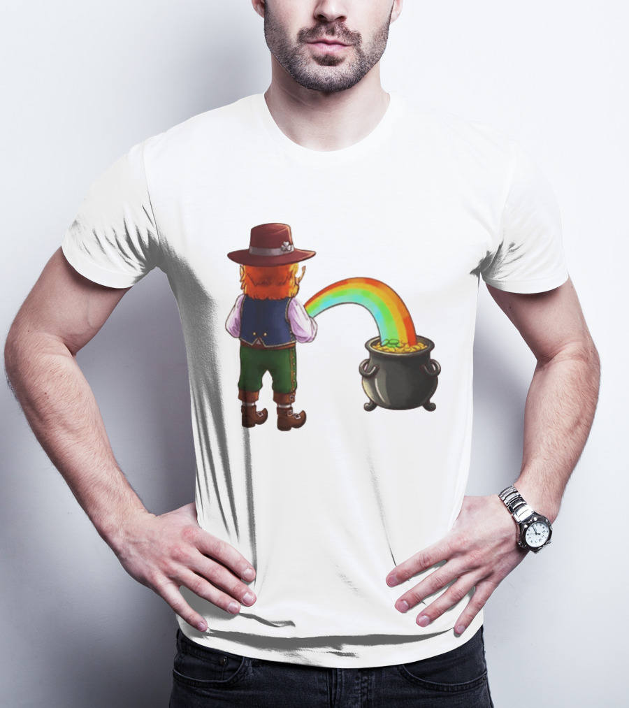St Patricks Day Leprechaun Pissing Rainbow Into Pot Of Gold Meme T-Shirt