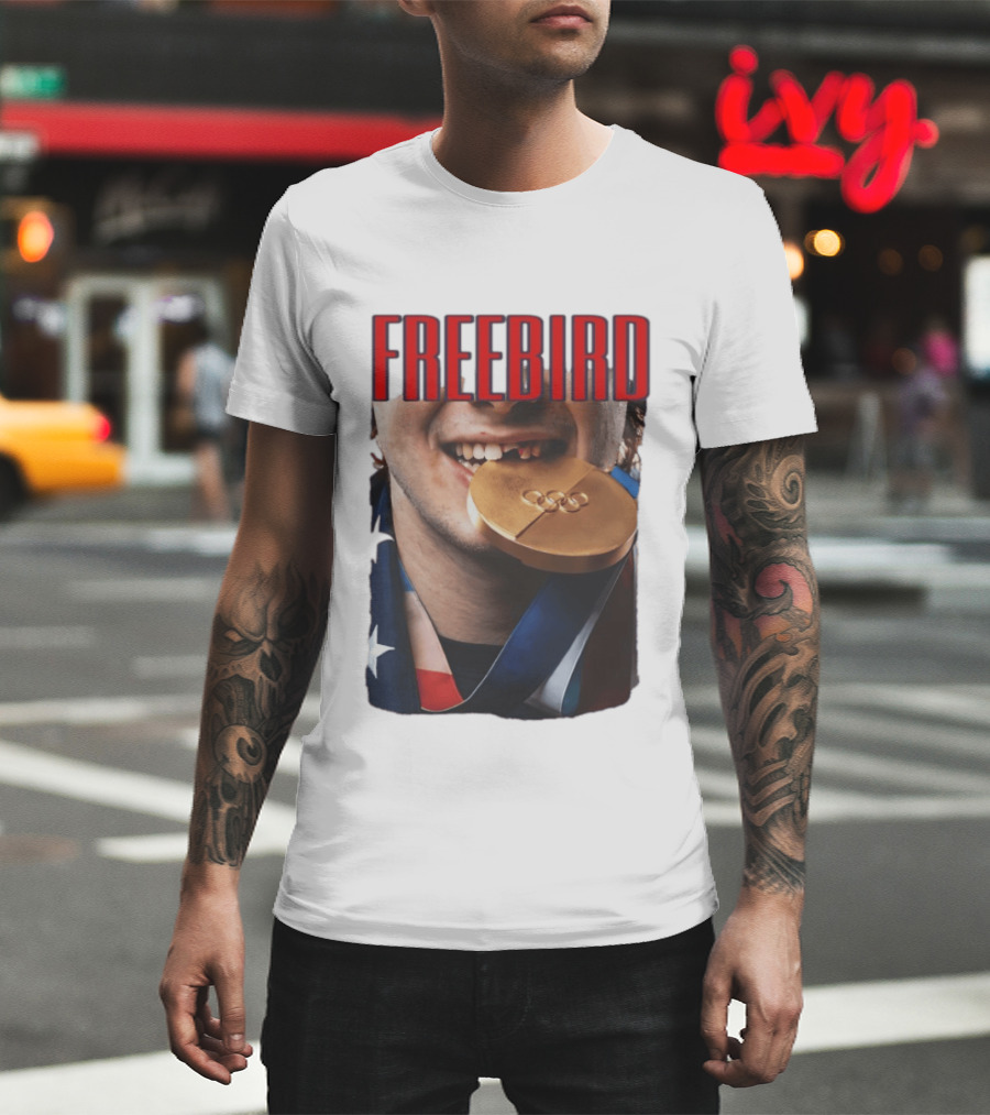 Jack Hughes Freebird Golden Smile Olympic Medal Bite T-Shirt