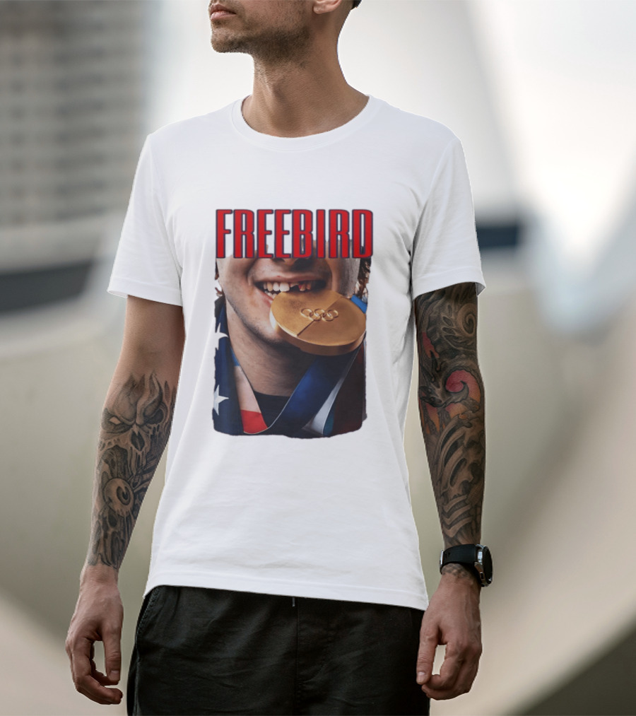 Jack Hughes Freebird Golden Smile Olympic Medal Bite T-Shirt