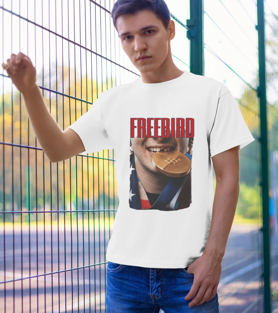 Jack Hughes Freebird Golden Smile Olympic Medal Bite T-Shirt