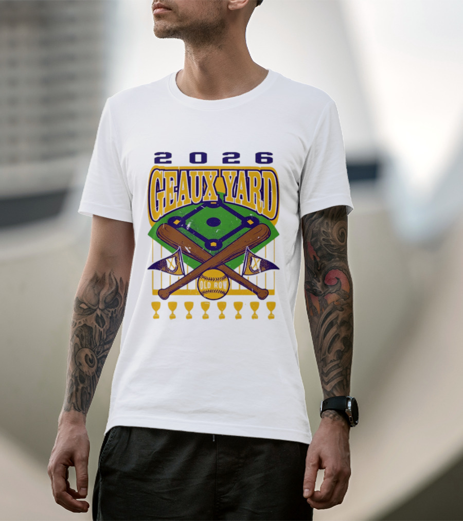 LSU Tigers 2026 Geaux Yard Baseball Field Old Row Bats Flags T-Shirt