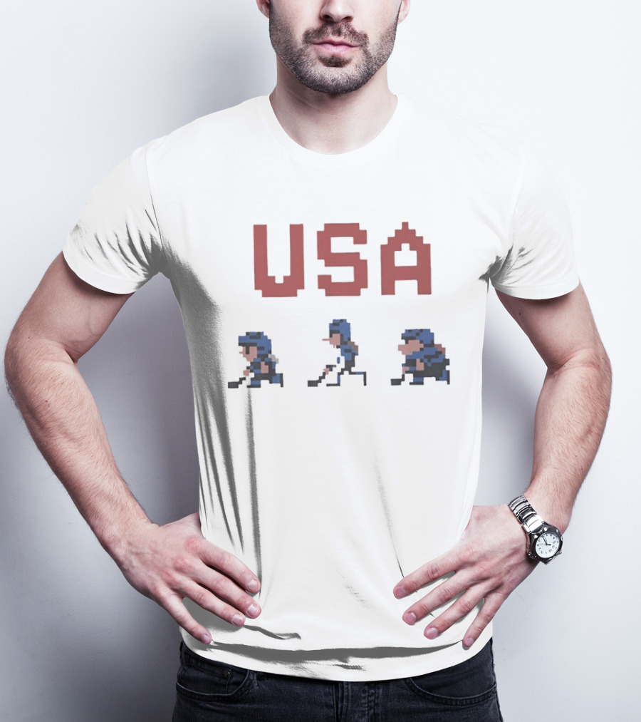 USA Hockey 8 Bit Pixel Characters Retro Sports T-Shirt