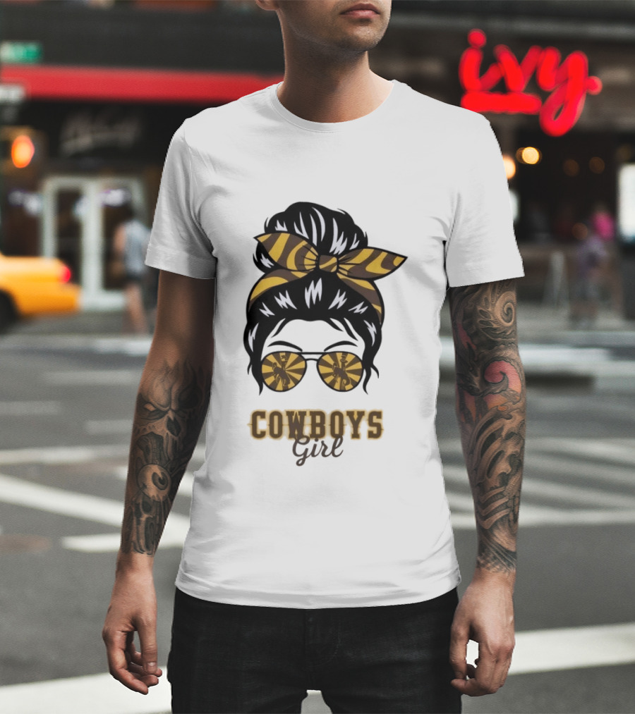 Wyoming Cowboys Girl Messy Bun Zebra Print Headband Glasses T-Shirt